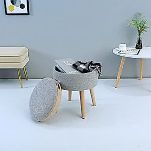 SOFT ASS Multi-Functional Round Storage Ottoman Footrest with Coffee Table Tray, Light Grey Linen with Detachable Wooden Feet/Footstool for Bedroom, Study and Living Room (Light Grey1)