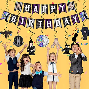 Wednesday Birthday Decorations Wednesday Happy Birthday Banner with Hanging Swirls Black and Purple for Kids Birthday Party Decorations Gothic Birthday Banner for Wednesday Party Supplies