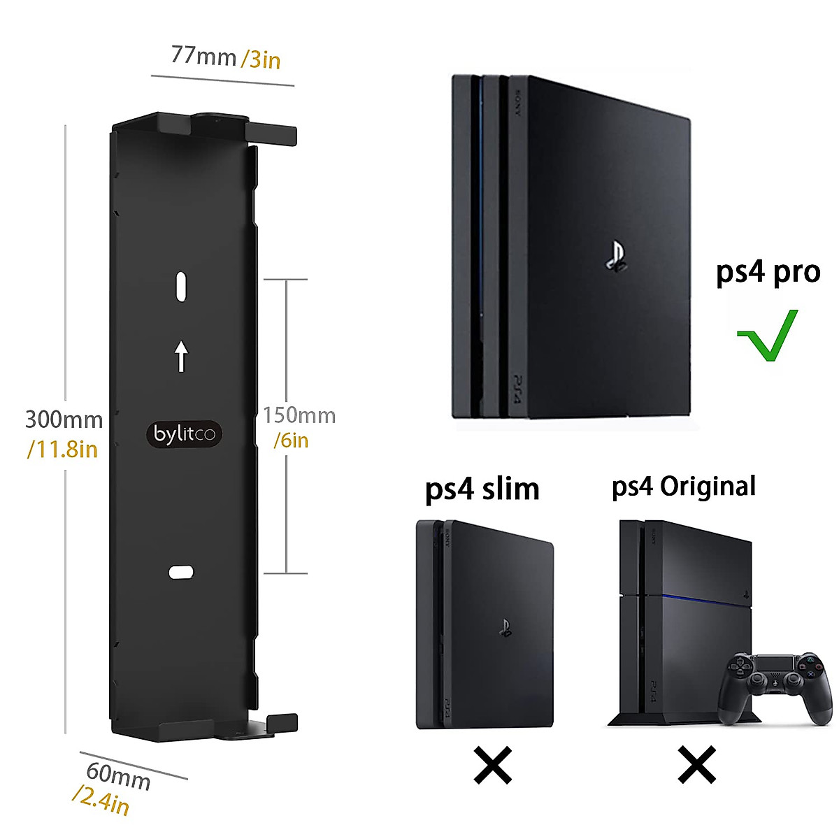 Bylitco Wall Mount for PS4 Pro,Mount on The Wall or Under The Desk,Solid Metal
