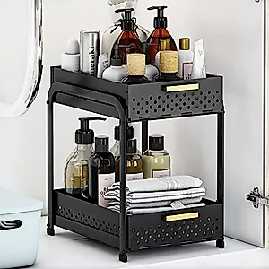 GILLAS 2 Tier Under Sink Organizer and Storage, Farmhouse Under Counter Storage for Kitchen, Under Cabinet Organizer for Bathroom, Sliding Basket Organizer, Black