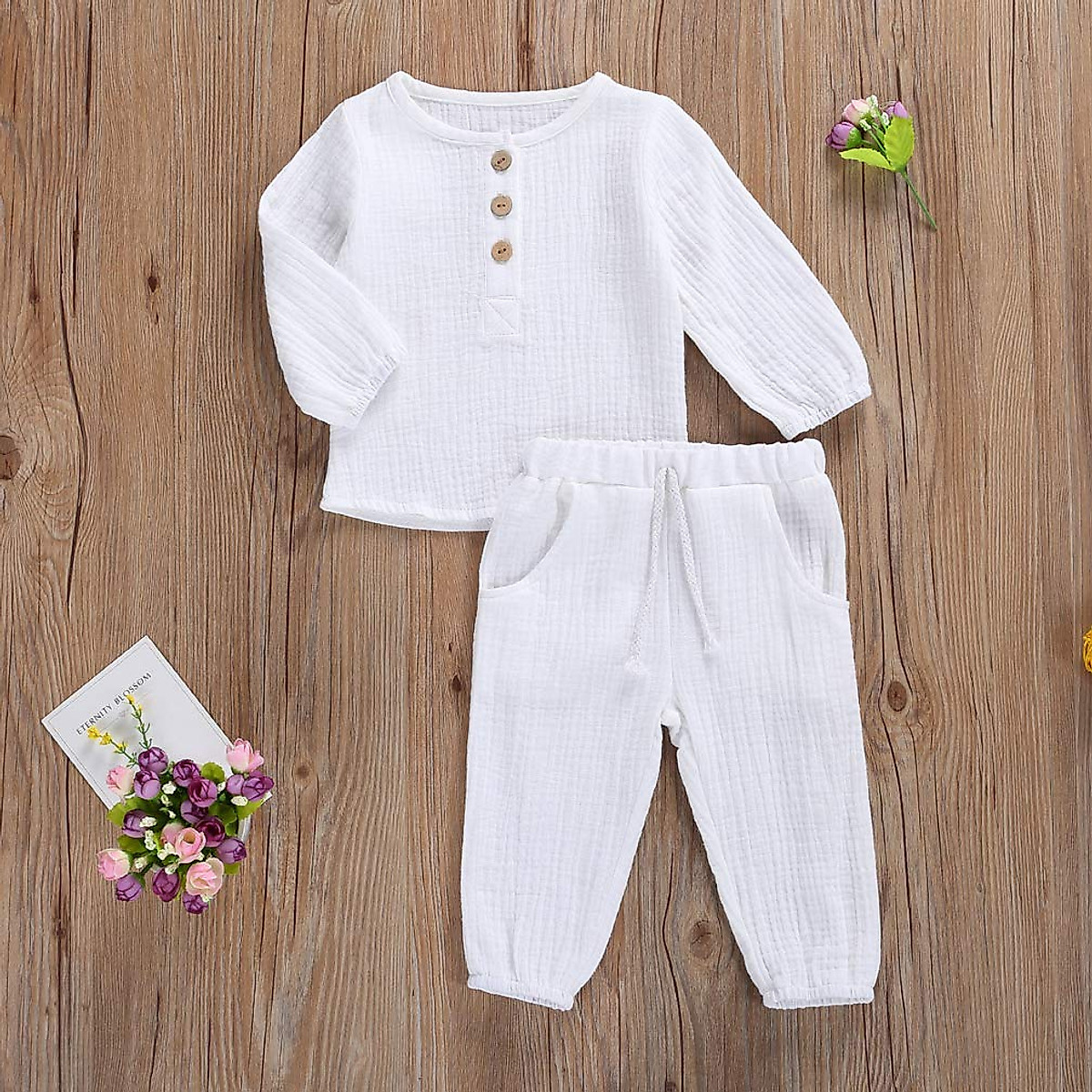 Toddler Baby Boy Girl Cotton Linen Pants Set Solid Long Sleeve T Shirt Top Drawstring Elastic Waist Pants Outfit (A-White, 12-24M)
