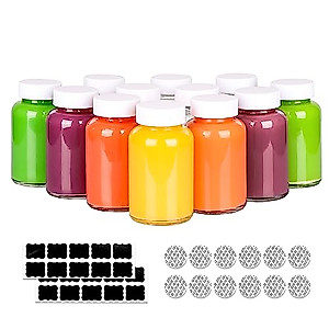 HINGWAH 12 Pack 4 OZ Glass Shot Bottles with Caps, 120 ML Empty Wellness Juice Shot Bottles, Reusable Clear Glass Bottles for Juice, Shots and Homemade Beverages
