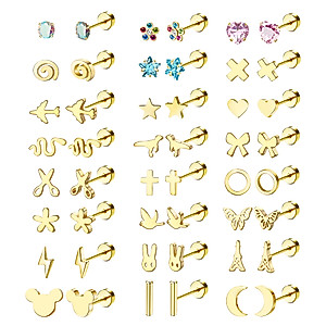 Drperfect 24 Pairs Stainless Steel Stud Earrings Set for Women Men Heart Butterfly Cat Flower Bar Cross Star Moon Snake 20G Cartilage Earrings Hypoallergenic Flatback Earrings Piercing Jewelry