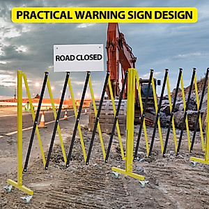 Garvee 19.8 FT Industrial Expandable Metal Barricade, Rotatable & Portable Safety Barrier with a Warning Board and Casters, Retractable Traffic Fence Mobile Safety Barrier Gate Yellow Black