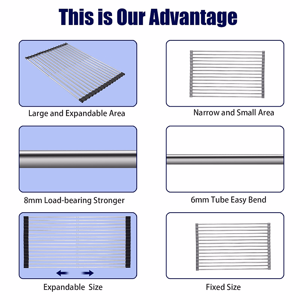 CLNGAI Roll Up Dish Drying Rack, Expandable Over The Sink Dish Drainer,Stainless Steel Kitchen Rolling Sink Rack Space Saving Sink Mat, Length Up to 22.3" (Black, Expandable)