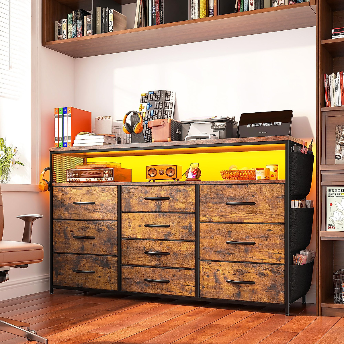 EnHomee Dresser TV Stand with 10 Drawers for 55" TV Stand for Bedroom with LED Lights & Power Outlets Wide Dresser for Bedroom with Shelves & Side Pockets Sturdy Metal Frame & Wood Top, Rustic Brown