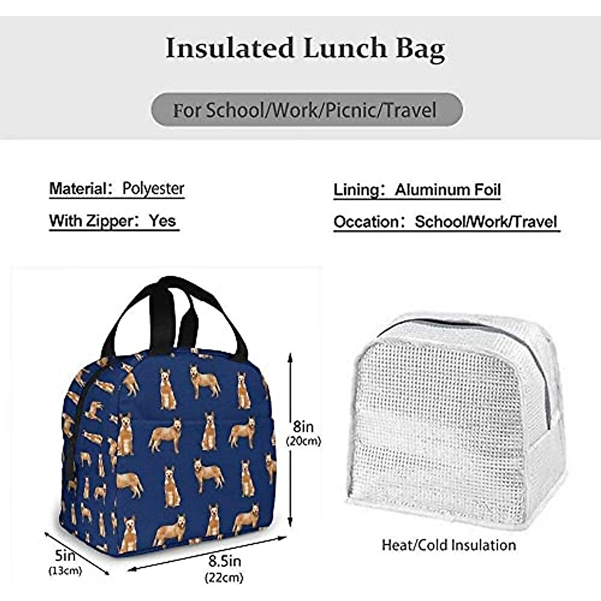 SHENGBAO Insulated Lunch Bags Australian Cattle Red Heeler Simple Dog Breed Navy Water-Resistant Thermal Lunch Box For Work, one size