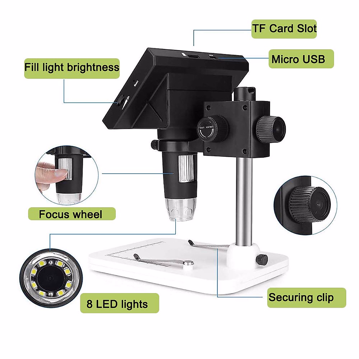 4.3 inch LCD Digital Microscope USB Microscope with 1000X Magnification, Adjustable LED Lights, Camera Video Recorder for Circuit Boards, Study, Jewelry Identification, Insect and Plant Observation