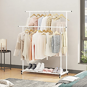 Calmootey Double Rod Clothing Garment Rack,Rolling Hanging Clothes Rack,Portable Clothes Organizer for Bedroom,Living Room,Clothing Store,White