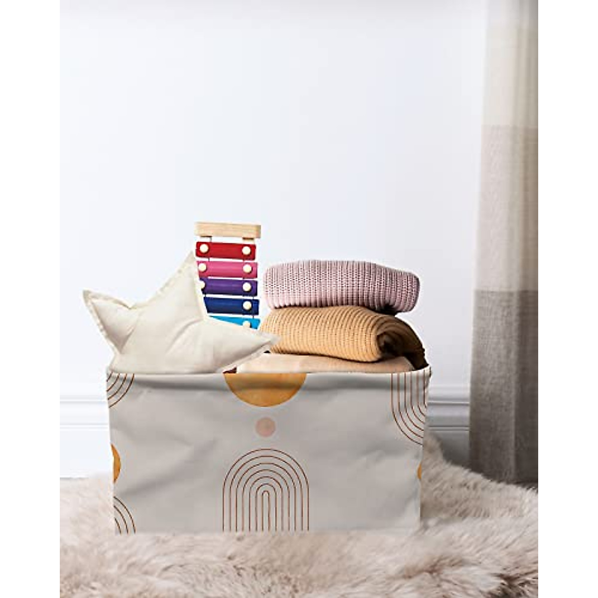 Modern Orange Cube Storage Organizer Bins with Handles,2-PC Collapsible Canvas Cloth Fabric Storage Basket,Abstract Middle Century Geometry Art Circle Books Kids' Toys Bin Boxes for Shelves
