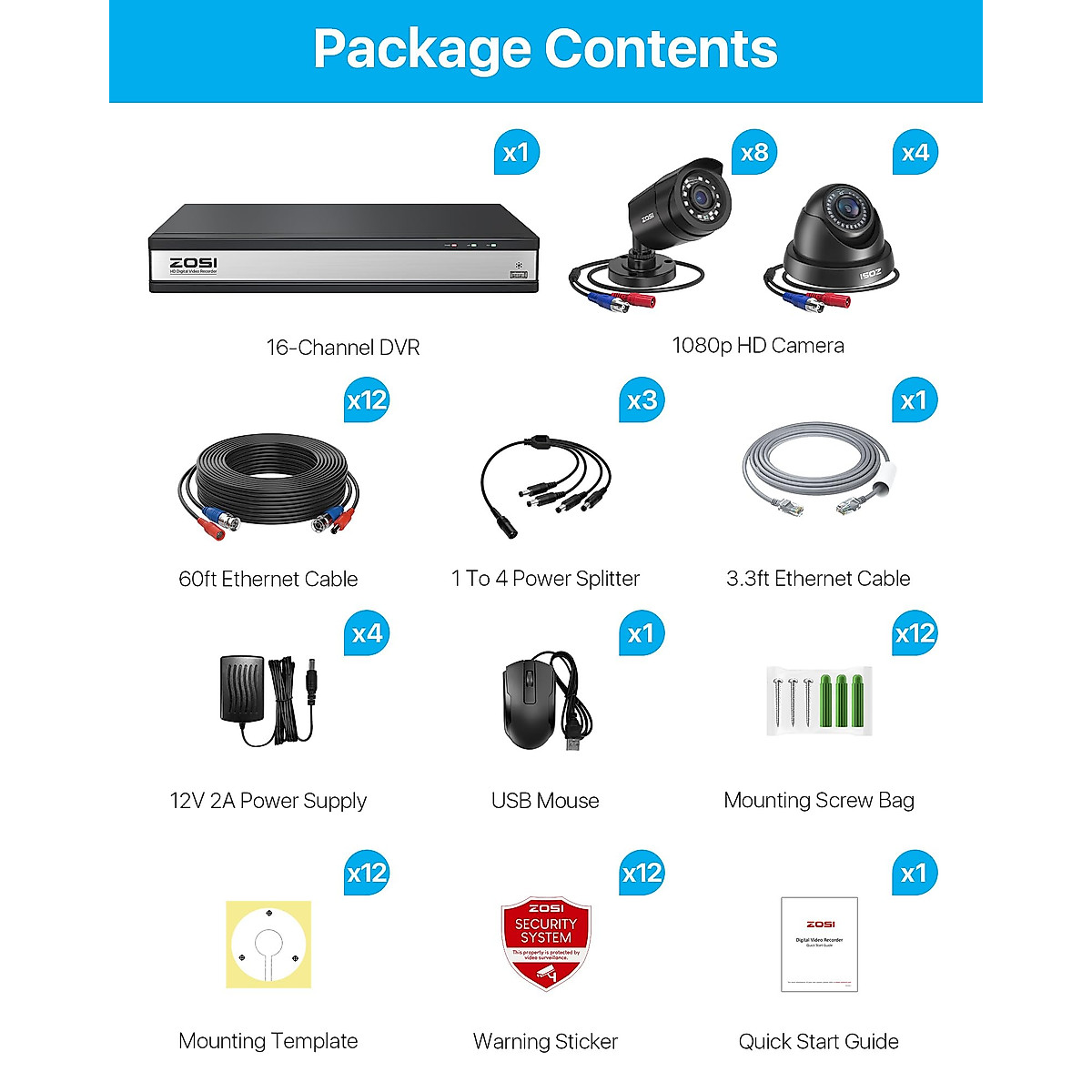 ZOSI 16CH 1080P Security Camera System with 2TB Hard Drive,H.265+ 16Channel 1080P HD-TVI DVR with 12PCS 1080P Outdoor Indoor Surveillance Cameras, 80ft Night Vision, Motion Detection,Remote Access