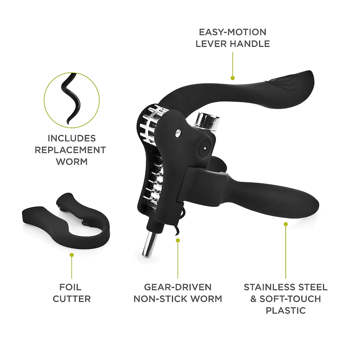 True Virtuoso Easy Lever Corkscrew, Stainless Steel And Ergonomic Soft Touch Handle