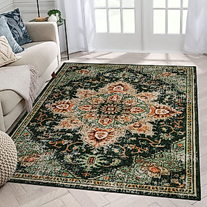 Morebes Ultra-Thin Boho Large Living Room Carpet, Green 5x7 Rug for Bedroom Washable Area Rug Non Slip Dining Mat, Office Rug Distressed Floral Floor Carpet for Guestroom Decor