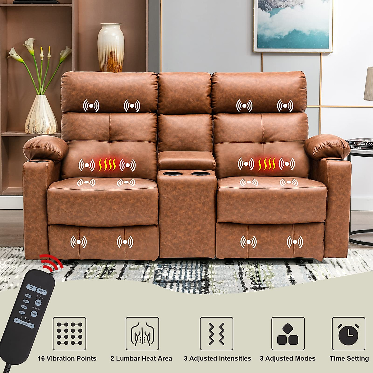 Consofa Power Reclining Loveseat, Reclining Loveseat with Console, Loveseat Recliner with Heat and Massage, Extending Footrest, Power Recliner Loveseat with Lumbar Support, Side Pocket for Living Room
