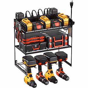 JUNNUJ Power Tool Organizer with 10 Outlet Power Strip, 3 Layer Wall Mount Drill Holder with Charging Station, 4 Drills Storage Shelf Shop Garage Utility Rack, Black