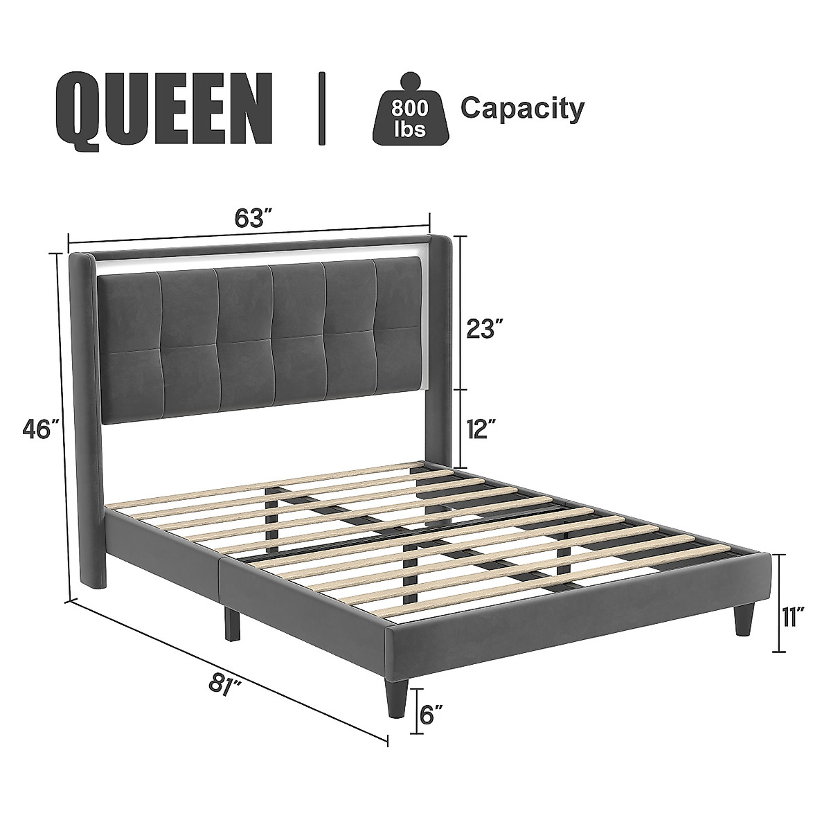 Queen Size Upholstered Platform Bed Frame with Headboard and Sturdy Wooden Slats, Wooden Bed for Bedroom, Non-Slip and Noise-Free, No Box Spring Needed, Easy Assembly, Dark Gray