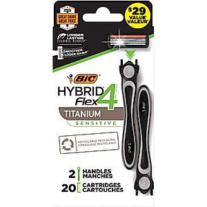 BIC Flex 4 Hybrid Men's 4-Blade Disposable Razor, 2 Handles and 20 Cartridges, Smooth and Close Shave