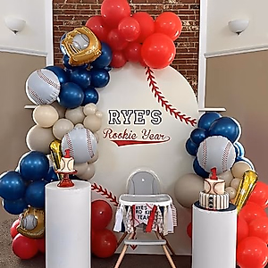 Rookie of the Year 1st Birthday Decorations 144PCS Baseball Balloon Arch Garland Kit Red White Sand Navy Blue with Baseball Glove, Exploding Star Balloon for Baseball Sports Birthday Decorations