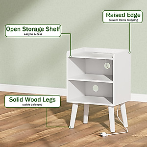 LAKEMID Night Stand with Charger Station, Bedside Table with LED Lights, Side Table with Fast USB-C Port, Nightstand with Solid Wood Feet, Small End Table for Bedroom, Living Room, White