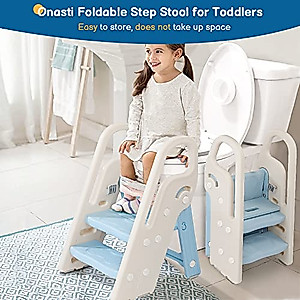 Onasti Foldable Toddler Step Stop for Bathroom Sink, Adjustable 3 Step Stool for Kids Toilet Potty Training Stool with Handles, Child Kitchen Counter Stool Helper, Plastic Ladder for Toddlers Blue