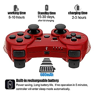 Ceozon PS3 Controller Six-Axis Dual Vibration Wireless Gamepad for Play-Station 3 Controller with Charging Cords 2 Pack Black + Red