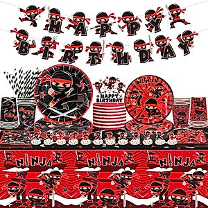 Ninja Birthday Party Decoration - Include Pattern Banner, Tablecloth, Plates, Napkins, Tableware, Karate Party Ninja Warrior Master Party Supplies for Boys Girls Baby Shower, Serves 20