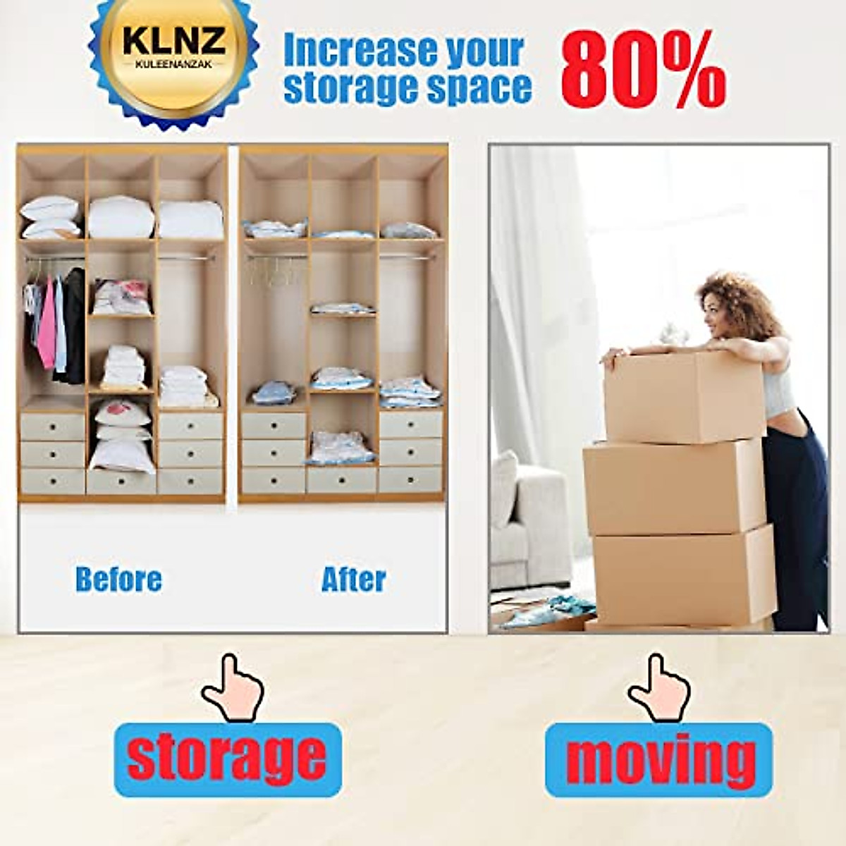 Premium Vacuum Storage Bags. 80% More Storage Hand-Pump for Travel Double-Zip Seal and Triple Seal Turbo-Valve for Max Space Saving (8 × Large) Perfect for storing winter coats