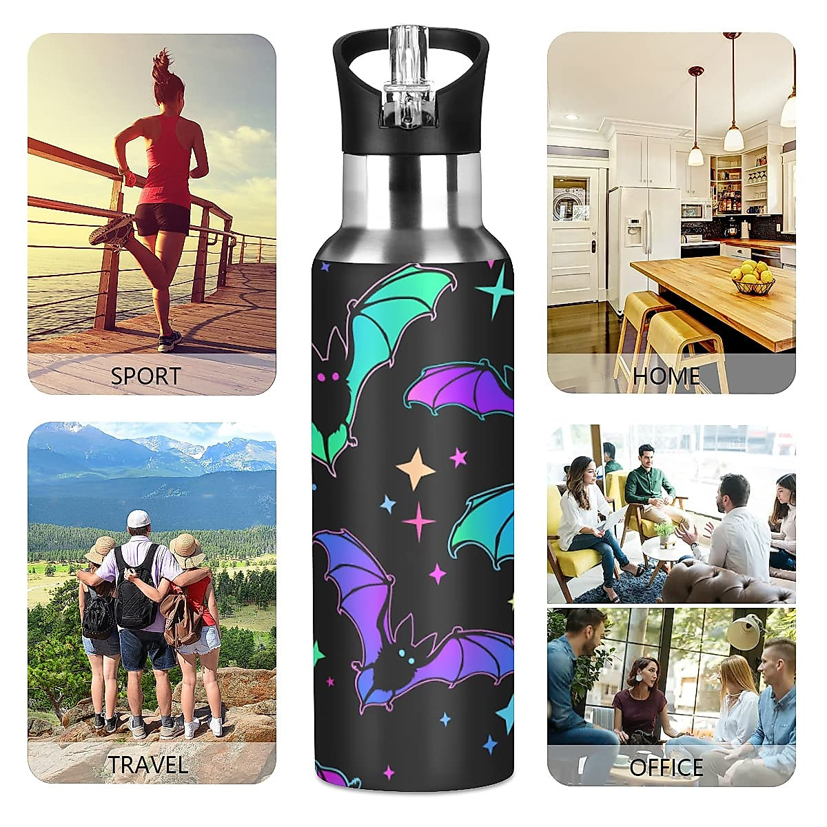 Yasala Halloween Water Bottle Bat Star Neon Coffee Thermos Stainless Steel Insulated Beverage Container 20 oz with Straw Lid BPA-Free for Sport, Travel, Camping, Back to School