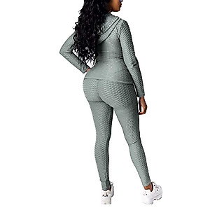 Fitness Exercise Workout Legging Clothes - Long Sleeve Zip Up Fitted Hoodies Top Long Skinny Pants Tracksuit Jogging Suits Grey S