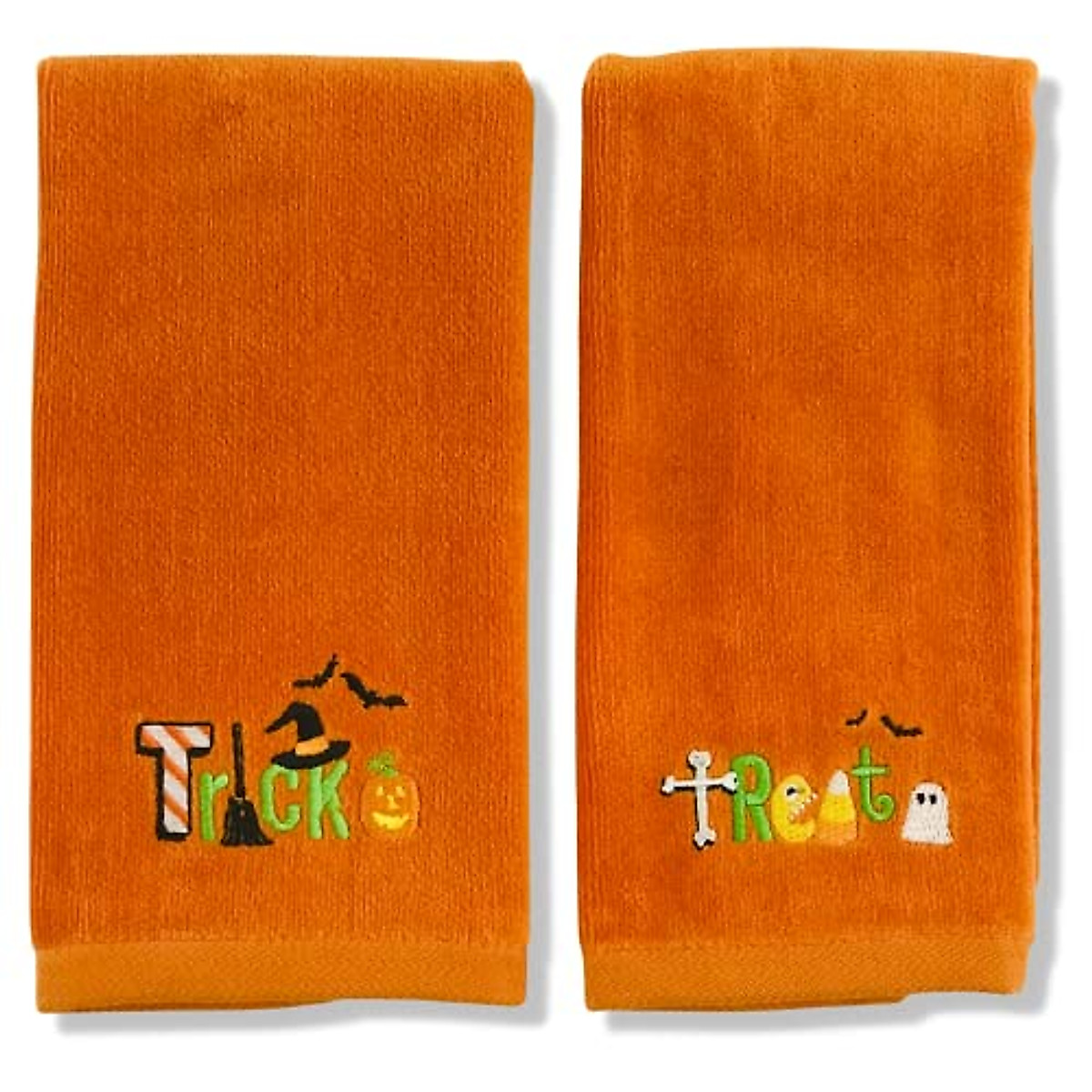 Decorative Halloween Fingertip Hand Towels: Cute Trick or Treat Halween Designs, Orange 18" x 11" Inch, Set of 2