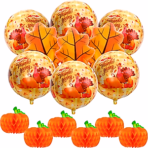 KatchOn, Thanksgiving Turkey Balloons - Large 22 Inch, Pack of 6 | Maple Leaf Fall Balloons - Giant, 27 Inch, Honeycomb Pumpkin Centerpiece for Table - Big 10 Inch, Pack of 6, Thanksgiving Decorations