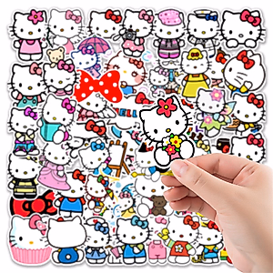 Fcelery Hello Kitty Stickers 50 PCS White Theme Kawaii Cat Stickers Cute Cartoon Characters Sticker for Kids Teens Adults Waterproof Vinyl Decals for Water Bottle Laptop Luggage