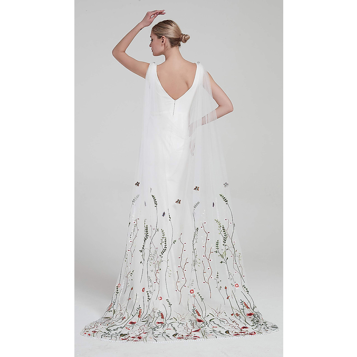 YHDDYG Wildflower Floral Embroidery Shoulder Cape Veil Secret Garden Veil with Comb Cathedral Bridal Wedding Veil S117 (Ivory Tulle)