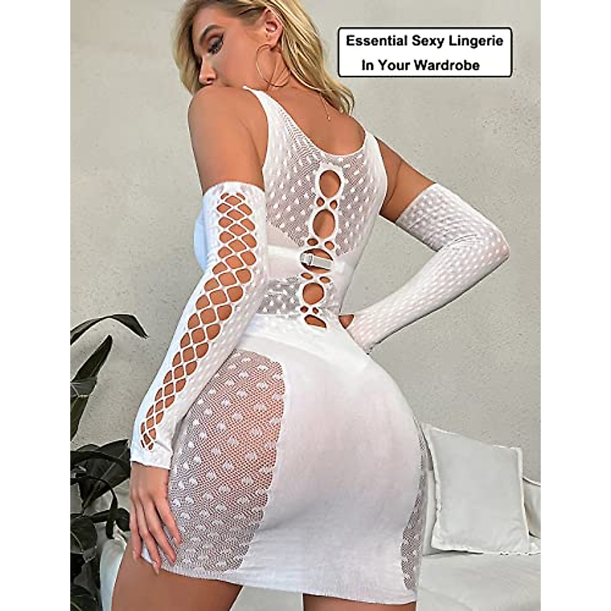 DMLBC Women Fishnet Bodysuits,Sexy Mesh Babydoll,Women's Floral Lace Lingerie,Bodysuit Dress,One Piece Babydoll One Size (w530 white, Large)
