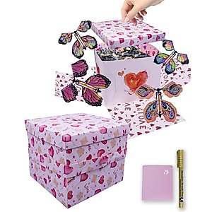 Butterfly Explosion Gift Box, Exploding Gifts Box with 4Pcs Butterflies, Flying Butterfly Surprise Box, Surprise Gifts Box for Birthday, Christmas, Wedding, Thanksgiving,Pink