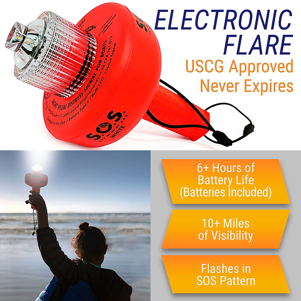 USCG Boating Safety Kit - Electronic Flare - First Aid Kit - Whistle - Multi tool - Waterproof Case (Plastic)