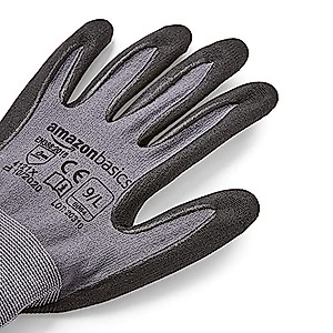 Amazon Basics Micro-Foam Nitrile Coated Gloves, Nylon Liner Fiber, Touch Screen, Grey, Size 9, Large (Pack of 6)