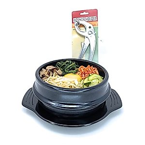 Jovely Korean Cooking Premium Ceramic Stone Bowl(Dolsot or Ddukbaegi) Diameter 6.3'' High 2.95'' Sizzling Hot Pot for Korean food such as Bibimbap and Soup (with Tray and Special Bowl Tongs Set)