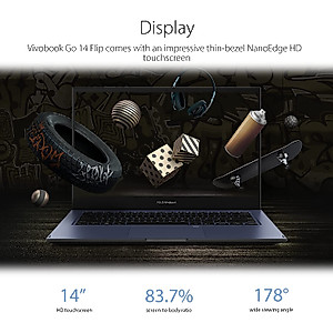 ASUS VivoBook Go 14 Flip Thin and Light 2-in-1 Laptop, 14'' HD Touch, Intel Celeron N4500, 4GB RAM, 64GB eMMC + 512GB SSD, NumberPad, Win 11, 1-Year Microsoft 365, Quiet Blue + Accessories