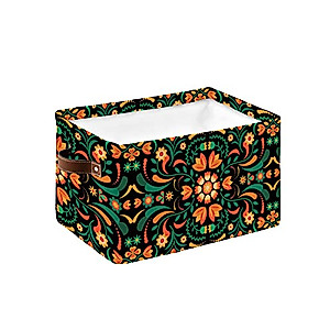Mexican Orange Green Floral Storage Bins 1 Pack, Waterproof Storage Baskets for Shelves Closet, Mexico Ethnic Black Abstract Art Storage Basket Foldable Storage Box Cube Storage Organizer with Handles