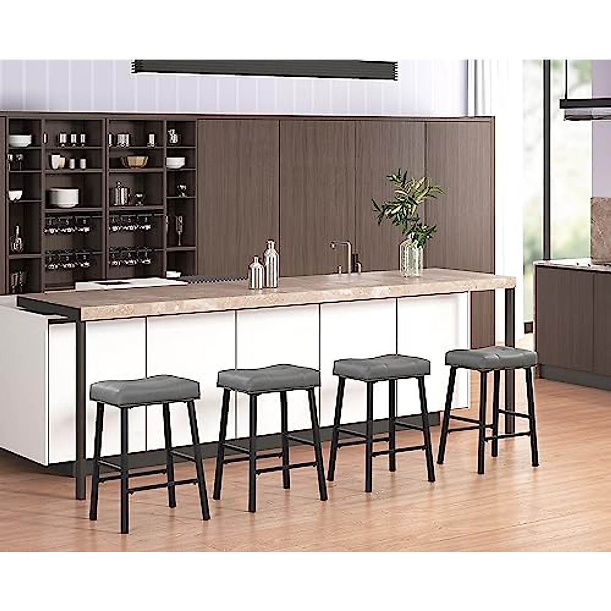 Counter Height Bar Stools Set of 2, 24 Inch Kitchen Bar Stools with Backless, Saddle Upholstered Seat Padding Stools for Kitchen Island,Breakfast, Bar, Dining Room, Grey-Black, Metal KR302PDG