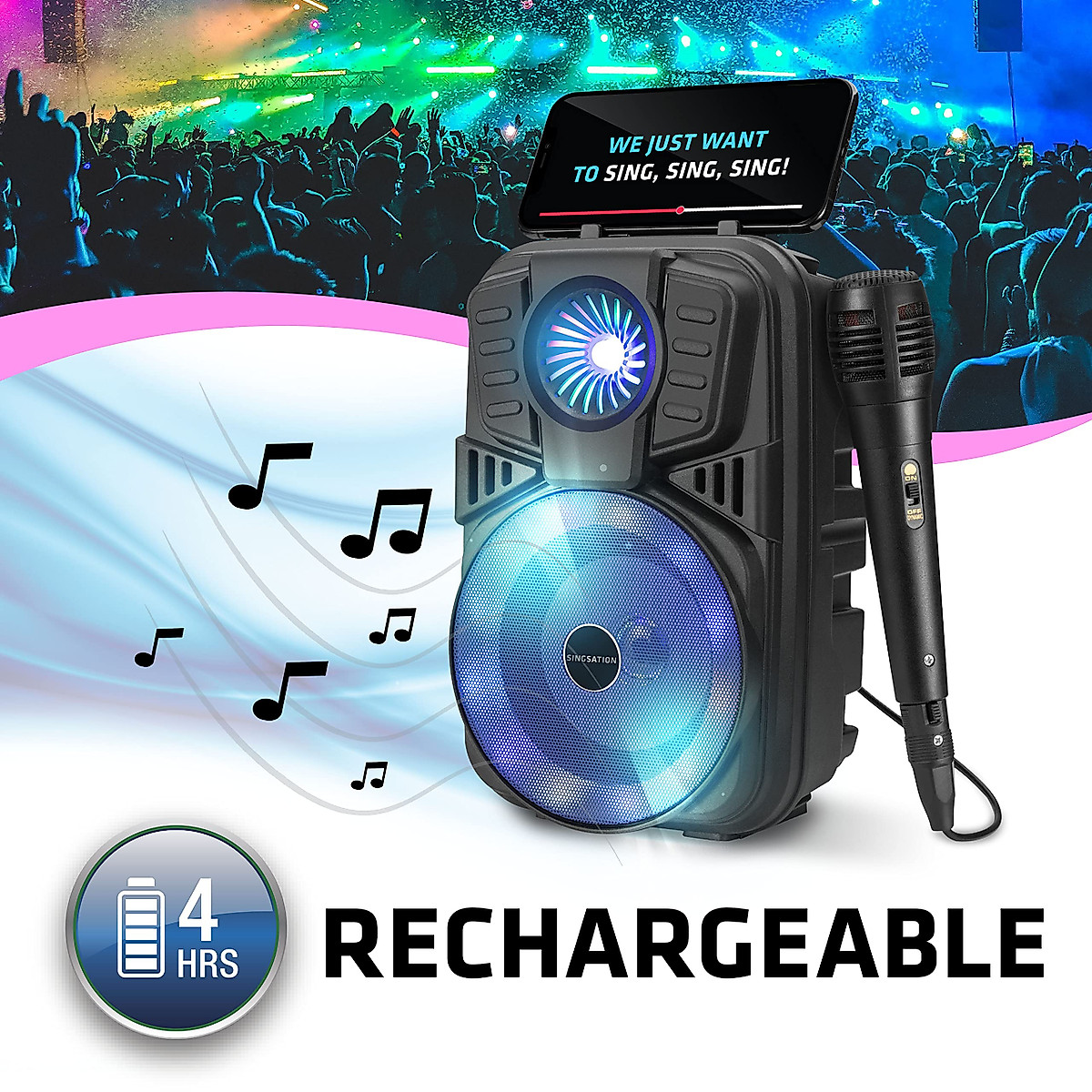 Singsation Karaoke Machine, 5.0 Portable Bluetooth 4" Speaker Dynamic Loudspeaker, Ultimate Karaoke Home System, LED Party Lights for Kids and Adults, Rechargeable Speaker with FM Radio, SD/TF Card