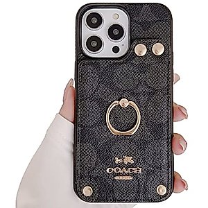 Luxury Wallet Case with Designed Leather and Card Holder, 360°Rotation Ring Kickstand, RFID Blocking Protective for Apple iPhone 13 Pro Max 6.7''（Black）