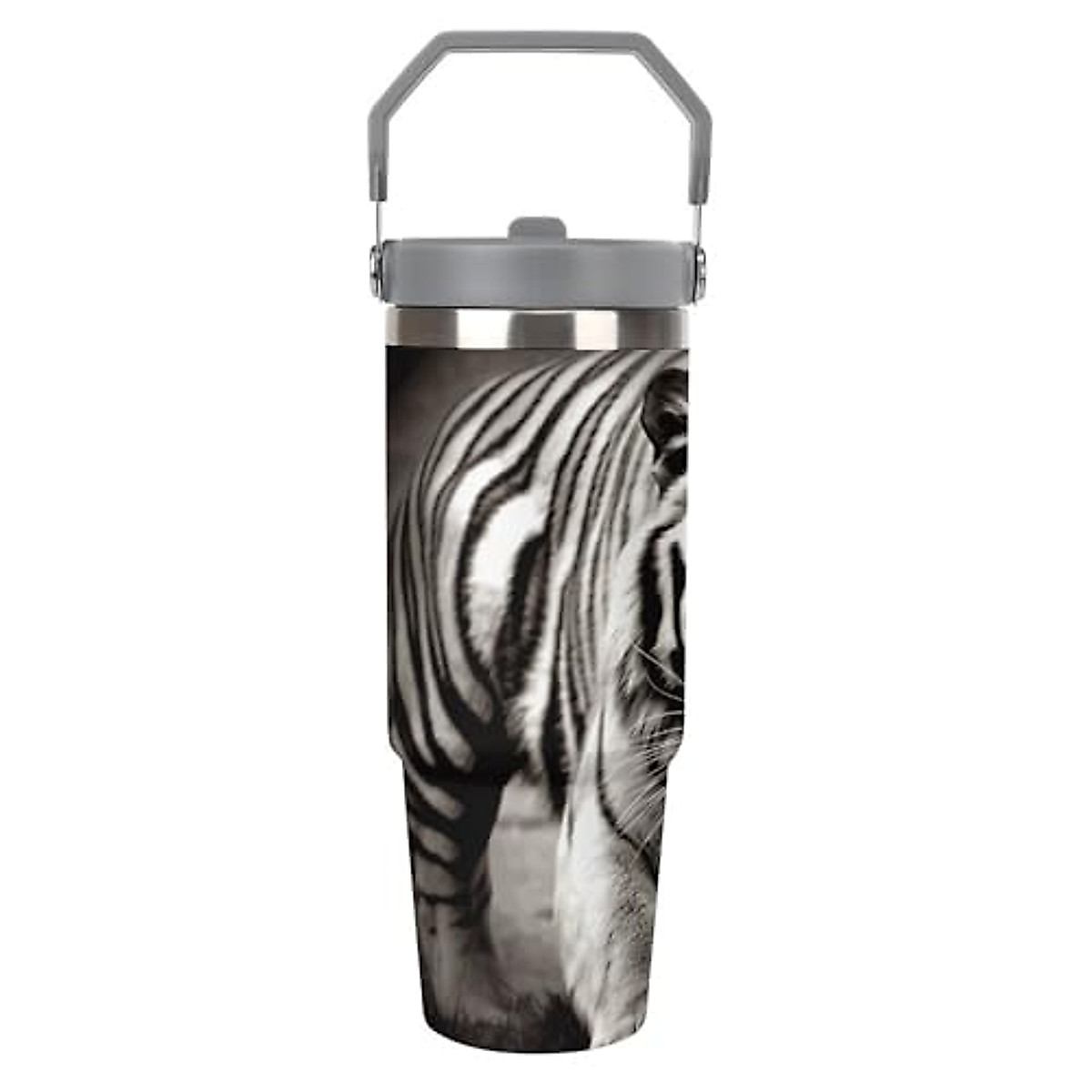 WITHSBKK 30oz Car Cup Black And White Tiger Printed with Portable, Stainless Steel Travel Mug, Vacuum Insulated Tumbler And Straw, Leakproof for Car & Outdoor, UV Printed Design