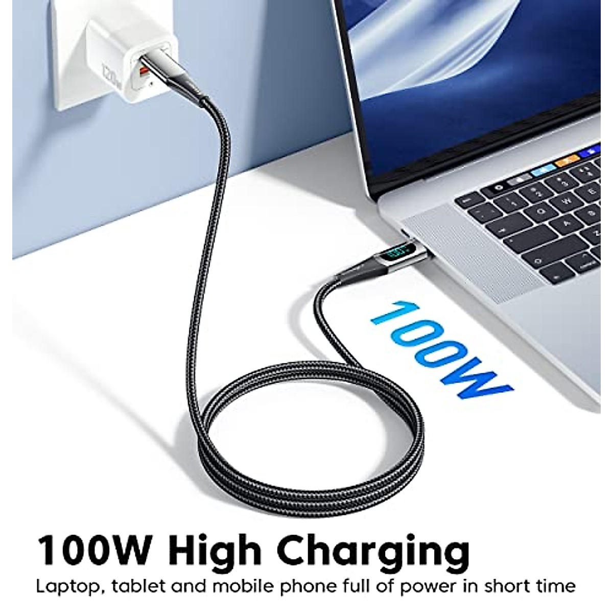 ESSAGER 100W USB C to USB C Cable with Display, 6.6ft 5A PD QC 5.0 Type C to Type C Cable Super Fast Charging USB C Cable(6.6ft, Black, 1 Pack)