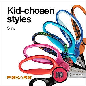 Fiskars 5" Pointed-Tip Scissors for Kids 4-7 with Non-Stick Blades (3-Pack) - Scissors for School or Crafting - Back to School Supplies - Sports Design