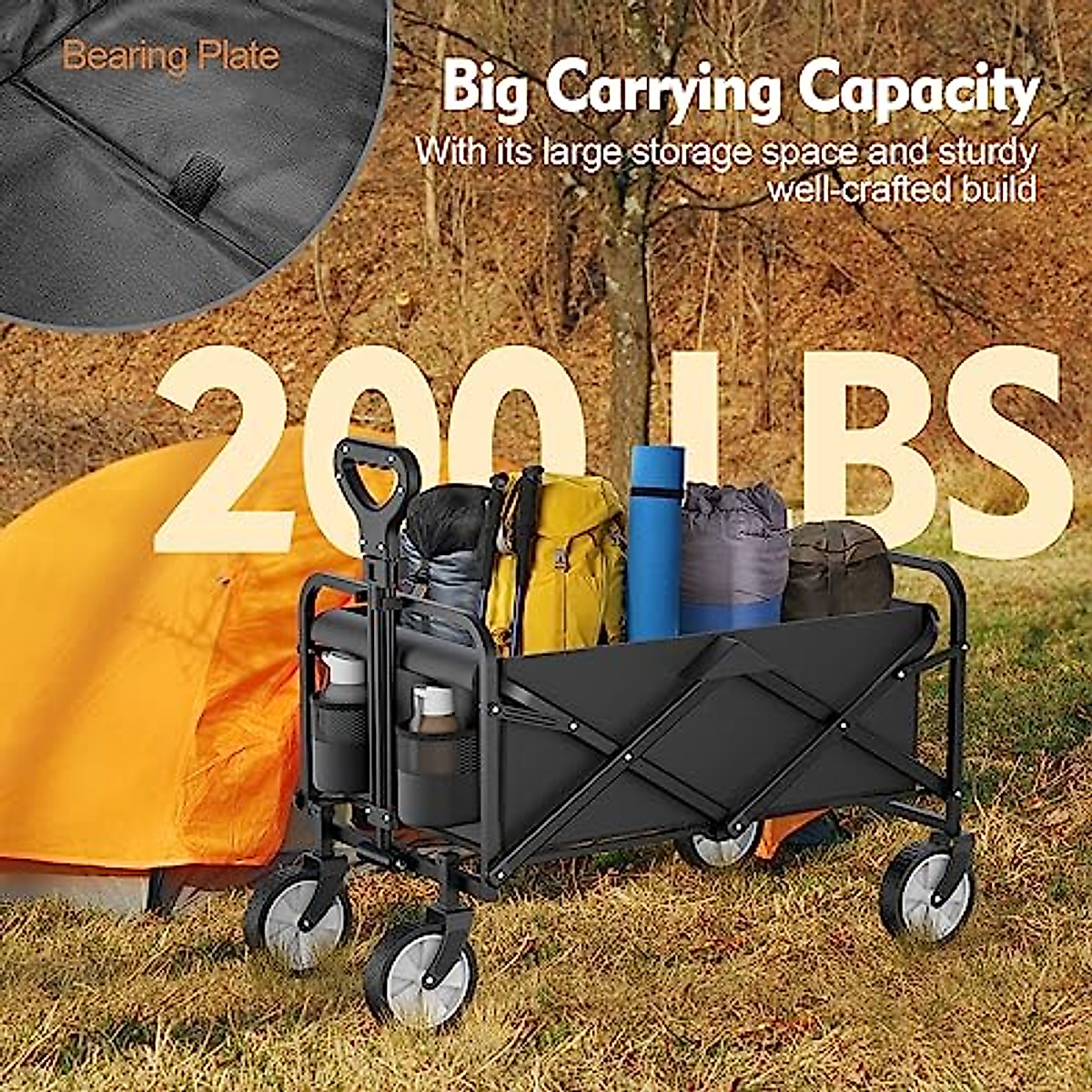 Collapsible Folding Utility Wagon,Beach Wagon Cart with All Terrain Wheels & Drink Holders,Portable Sports Wagon for Camping, Shopping, Garden and Beach, Grass, Sand,Fishing