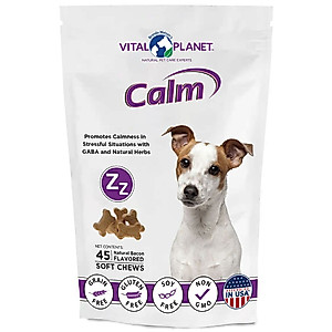 Vital Planet - Calm Soft Chews for Dogs, Promotes Calmness in Stressful Situations with GABA, Colostrum, Valerian, Turmeric, Chamomile, and L-Theanine - 45 Natural Bacon Flavored Soft Chews