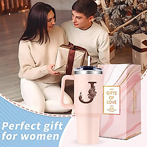 Monogrammed 40oz Tumbler with Handle for Women, Personalized Birthday Gifts for Women,Initial Cups for Woman Pink Letter J,Customized Gifts for Female Lady Gift for Mothers Day Christmas