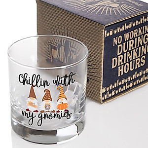 Toasted Tales Chillin With My Gnomes | Fall Glass | Whiskey Holiday Drinking Glasses | 11 oz Bourbon Whiskey Rock Glass | Novelty Old Fashioned Whiskey Tasting Glasses | Thanksgiving Gifts